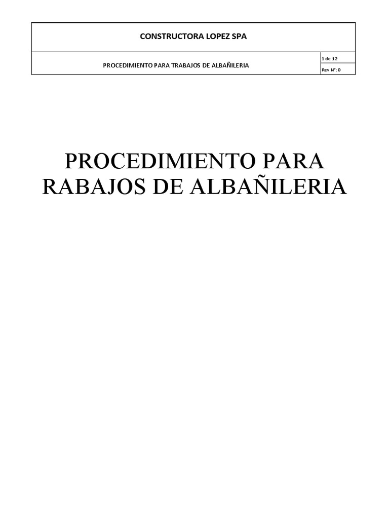 PROCEDIMIENTO PARA TRABAJOS DE ALBAÑILERIA CONSTRUCTORA LOPEZ SPA | PDF | Hormigón | Seguridad y ...