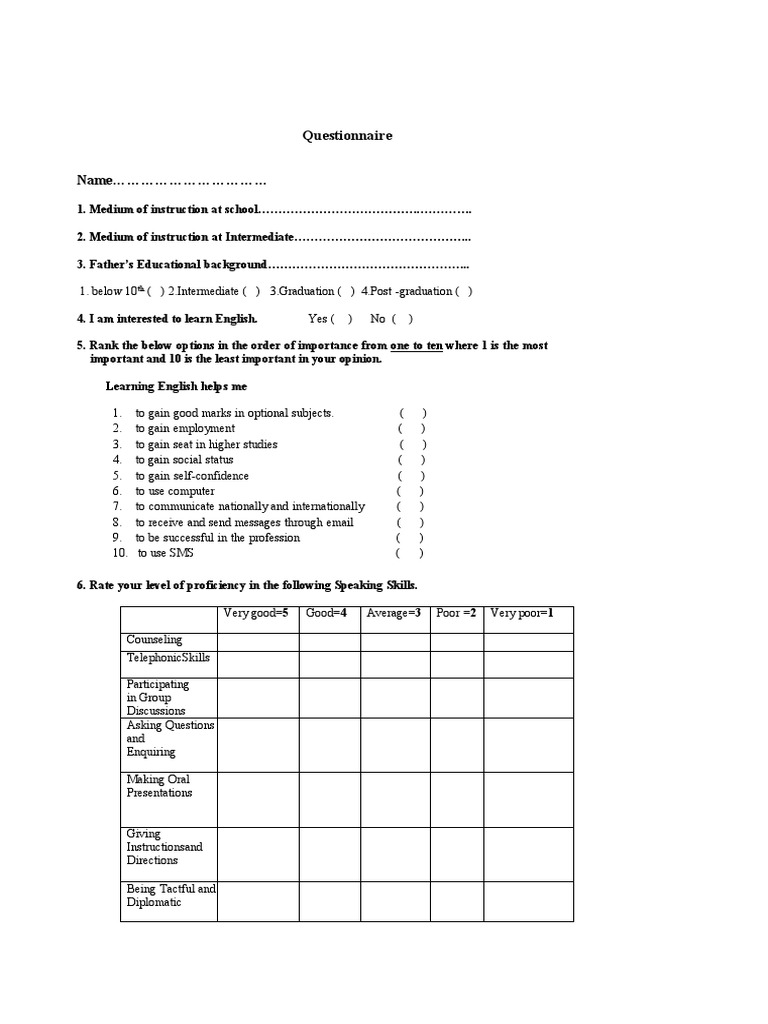 Questionnaire | PDF | English Language | Nursing