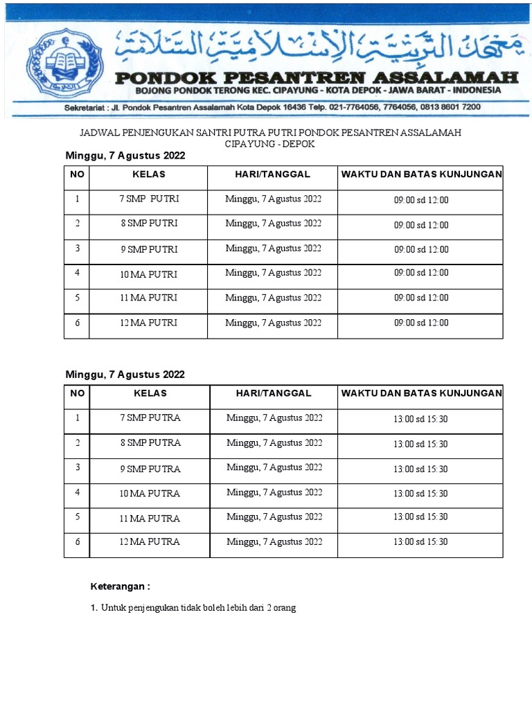 Edaran Penjengukan Santri Assalamah | PDF