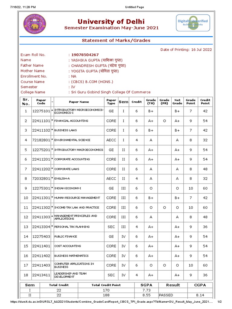 Du Sem4 Marksheet | PDF