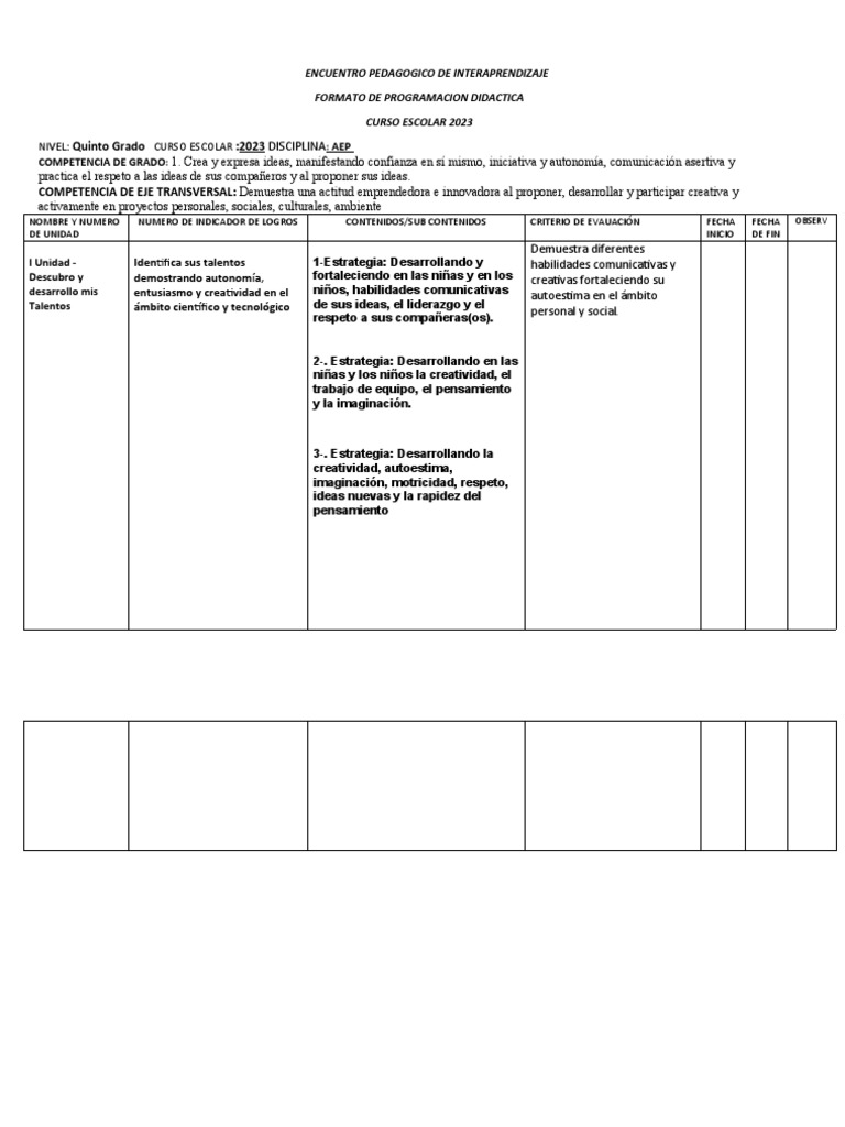 Formato AEP para Quinto y Sexto Grado | PDF | Creatividad | Liderazgo