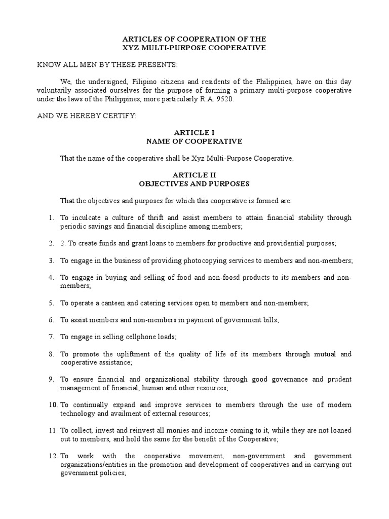 Articles of Cooperation - Sample | PDF | Mortgage Law | Common Law