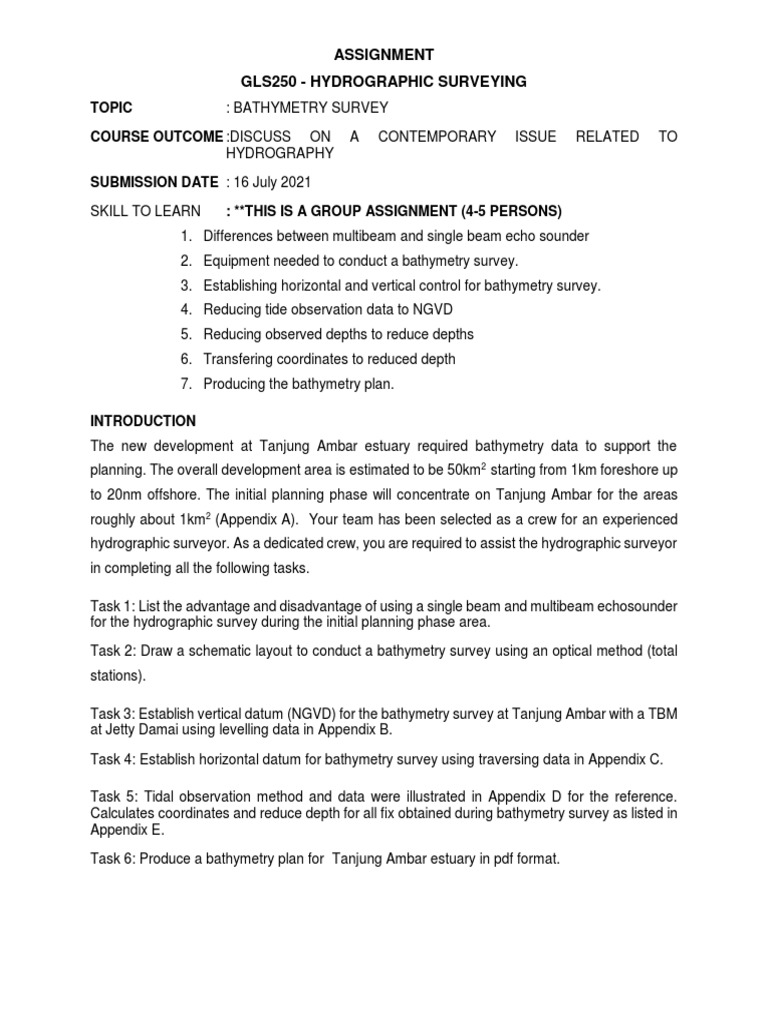 Bathymetry Survey Assignment Guide | PDF | Geography | Geophysics