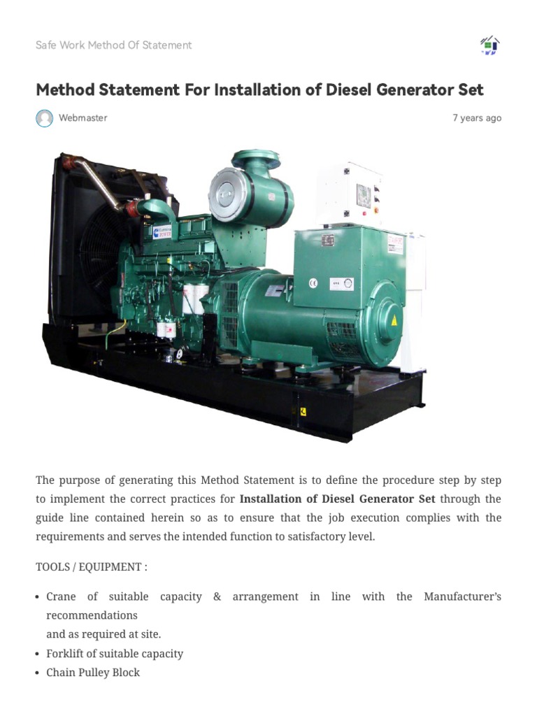 Method Statement For Installation Of Diesel Generator Set Safe Work