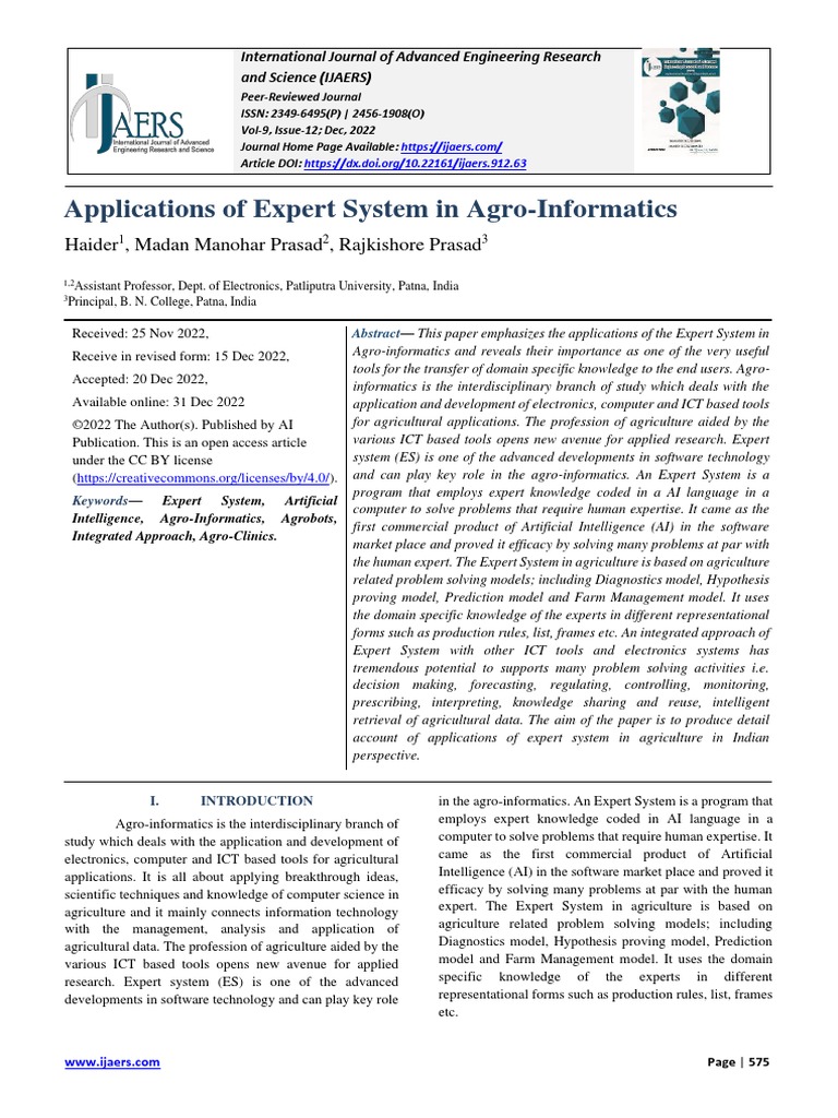 Applications of Expert System in Agro-Informatics | PDF | Artificial ...