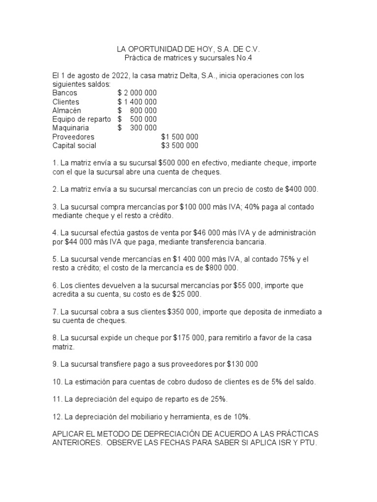 Ejercicio Sucursal y Matriz 4 TAREA | PDF