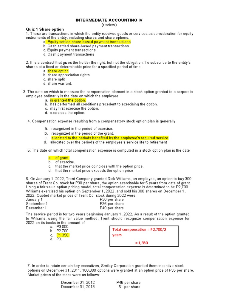 INTERMEDIATE ACCOUNTING IV (Reviewer) | PDF | Option (Finance) | Stocks