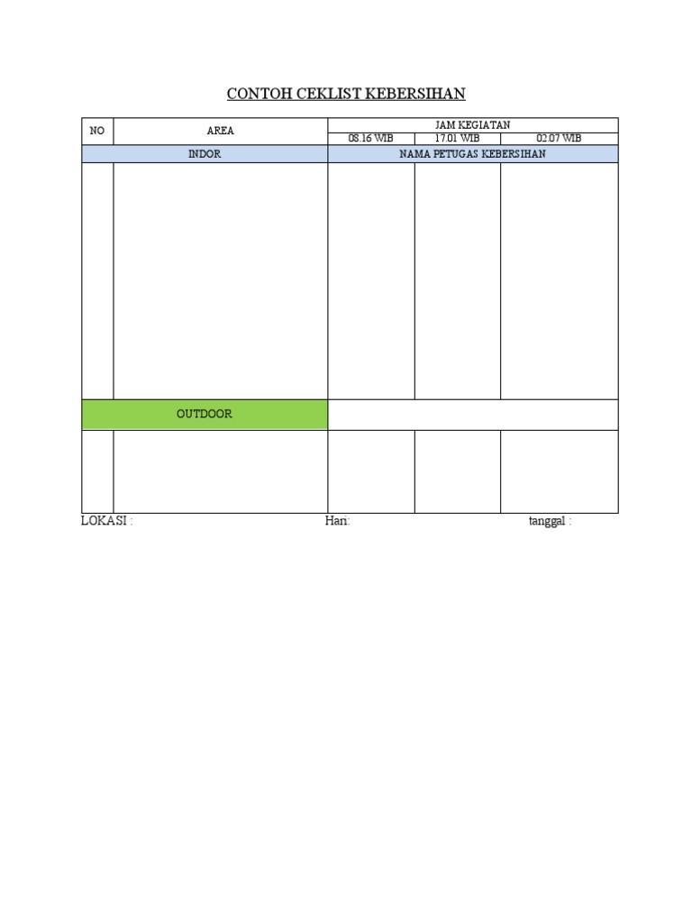 Contoh Ceklist Kebersihan | PDF