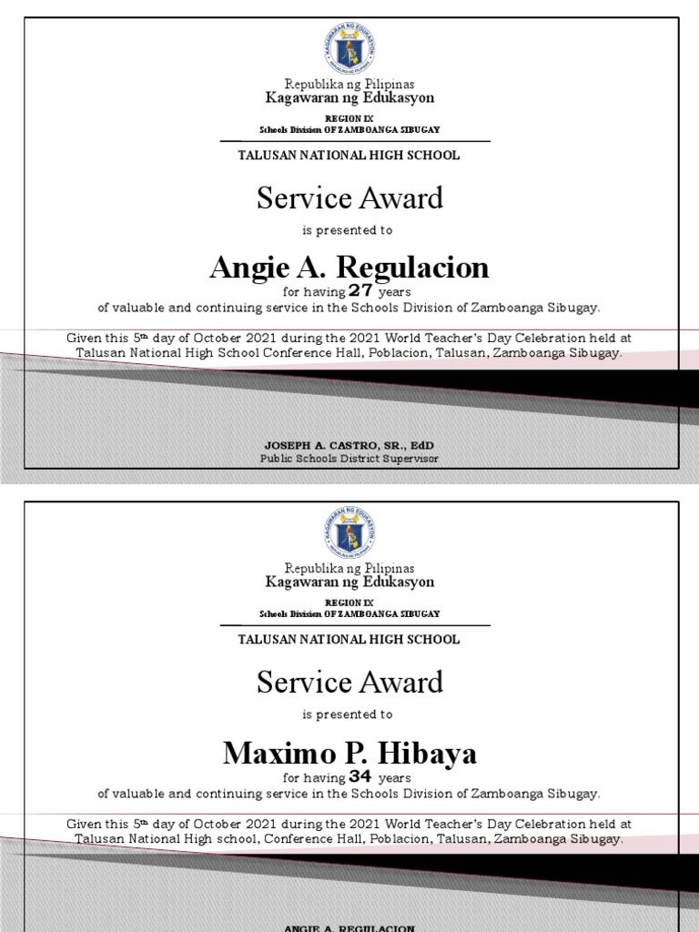Certificate of Service Award Teachers Day 2021 | PDF