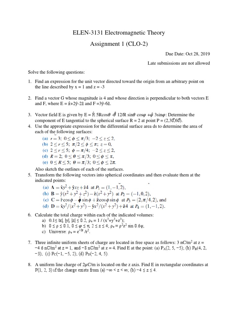 Electromagnetic Theory Assignment 1 | PDF | Teaching Methods & Materials | Technology & Engineering