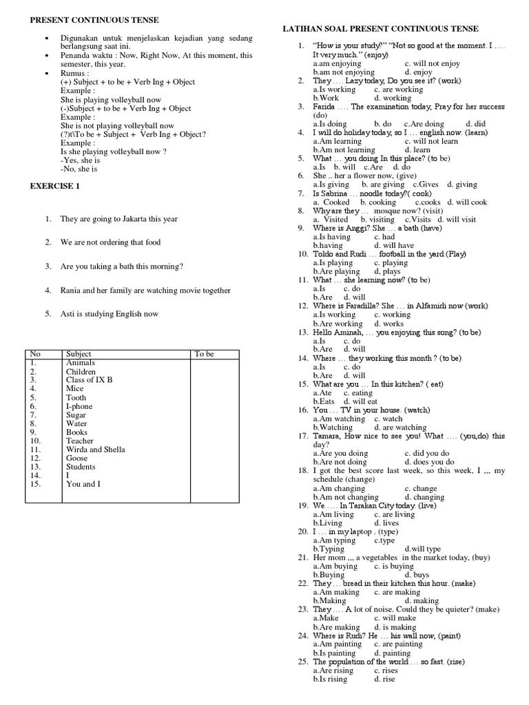 Latihan Soal Present Continuous | PDF | Language Mechanics | Linguistic Morphology