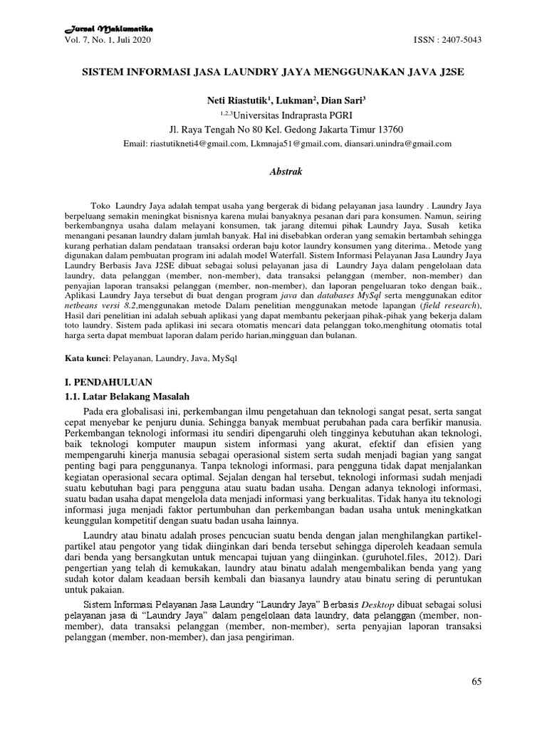 Sistem Informasi Jasa Laundry Jaya Menggunakan Java J2Se: Neti Riastutik, Lukman, Dian Sari | PDF