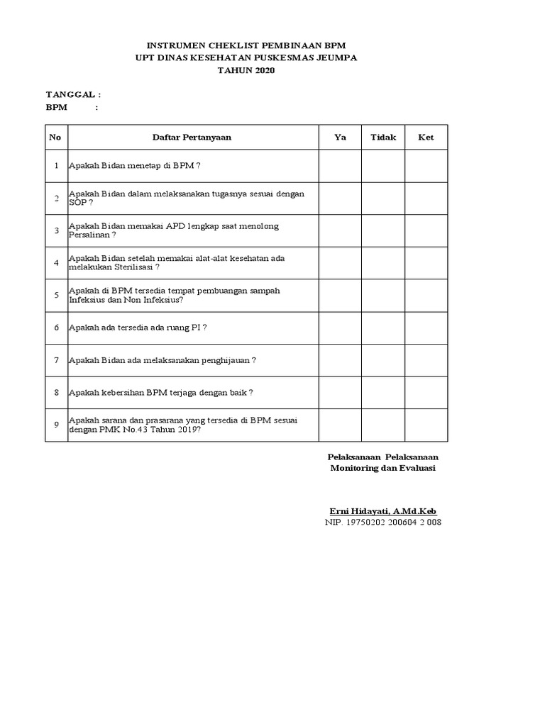 Instrumen Cheklist Pembinaan BPM Upt Dinas Kesehatan Puskesmas Jeumpa ...