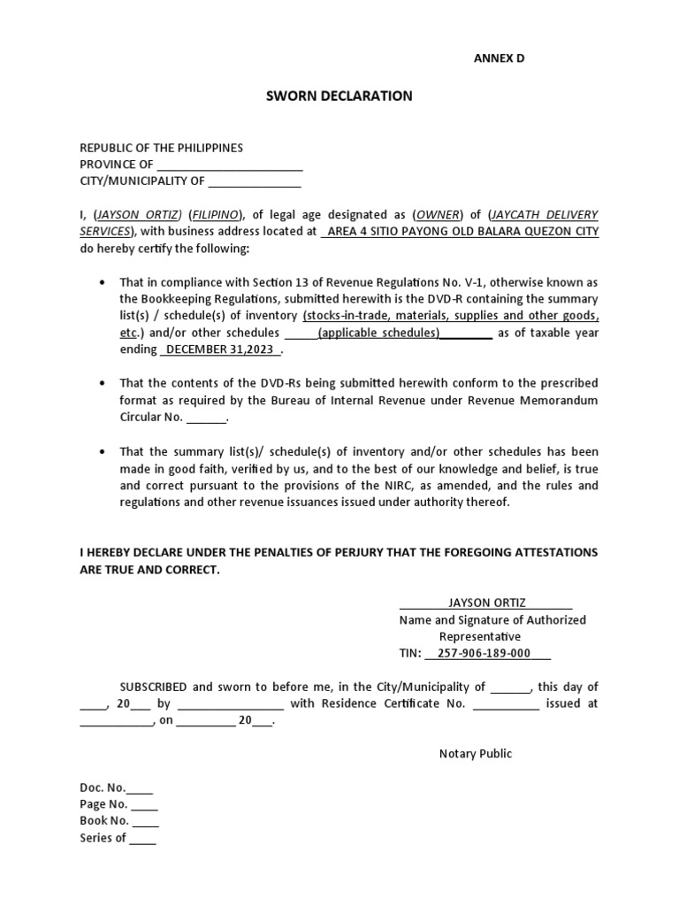 RMC 8-2024 Annex D Sworn Declaration | PDF
