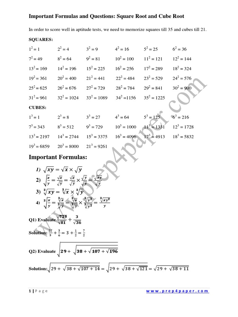 Square Cube Root Practice Problems For Bank Placement Exams | PDF ...