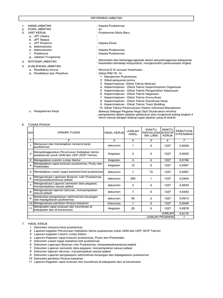 Anjab Tenaga Puskesmas Kepala Puskesmas | PDF