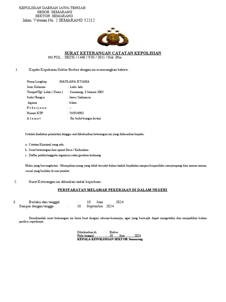 Contoh SKCK untuk Lamaran Kerja | PDF