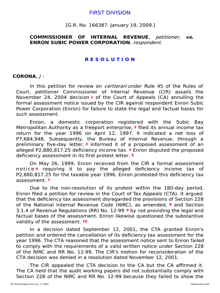CIR vs. Eron Subic Power Corporation | PDF | Taxes | Internal Revenue Service