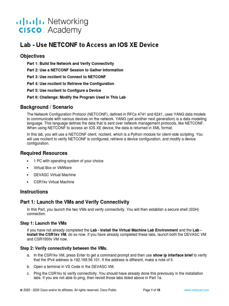 8 3 6 Lab Use Netconf To Access An Ios Xe Device Pdf Virtual Machine Ip Address