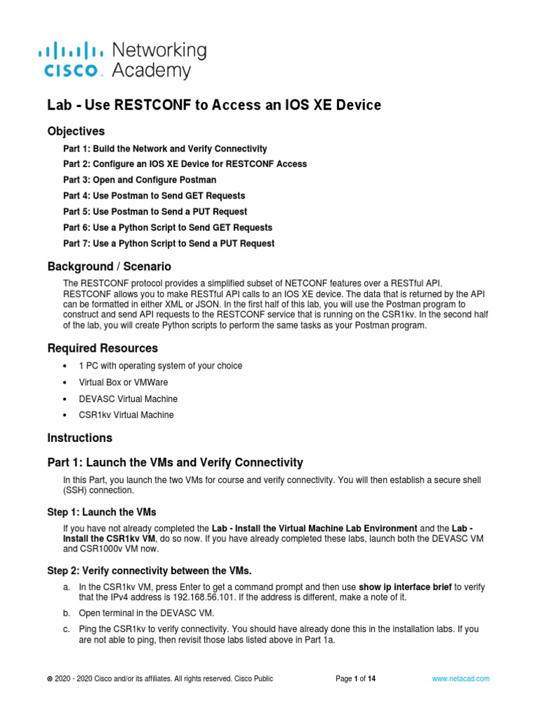 8.3.7 Lab - Use RESTCONF To Access An IOS XE Device | PDF | Ip Address | Hypertext Transfer Protocol