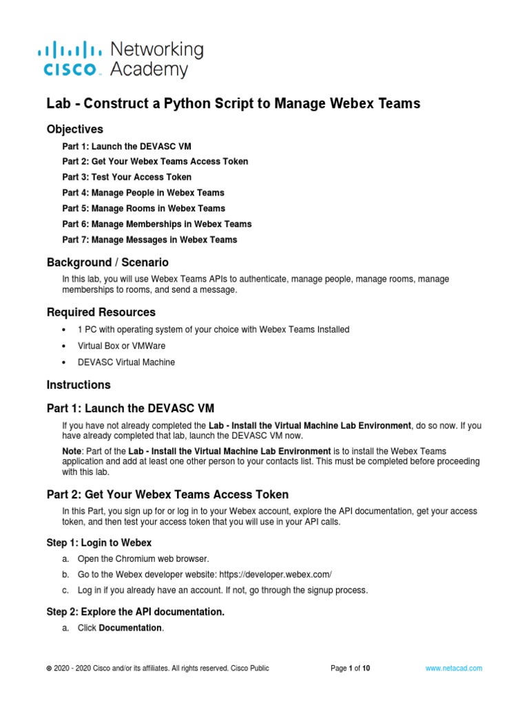 8.6.7 Lab - Construct A Python Script To Manage Webex Teams | PDF | Virtual Machine | Json
