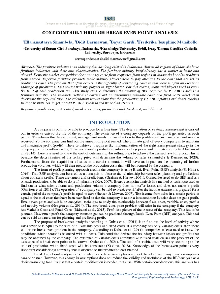 Break Even Point Analysis for Cost Control | PDF | Business | Pricing