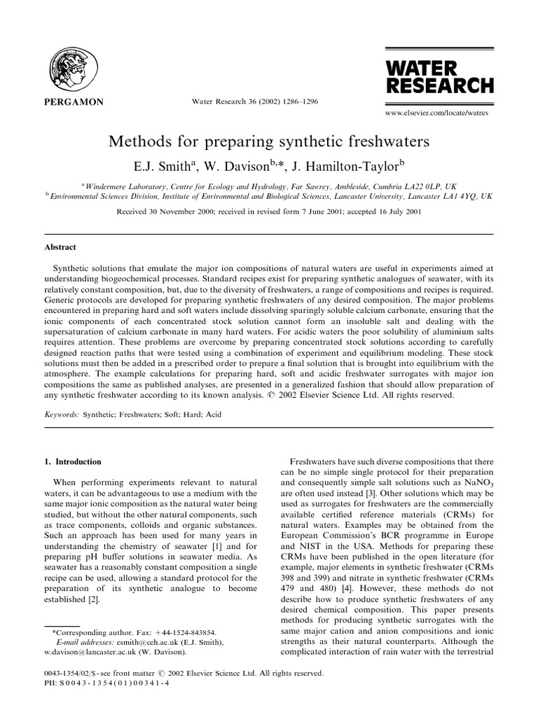 Synthetic Freshwater Preparation Methods | PDF | Solubility | Ph