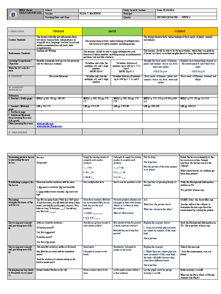 DLL Grade3 2ndquarter WEEK6 | PDF | Learning | Teachers