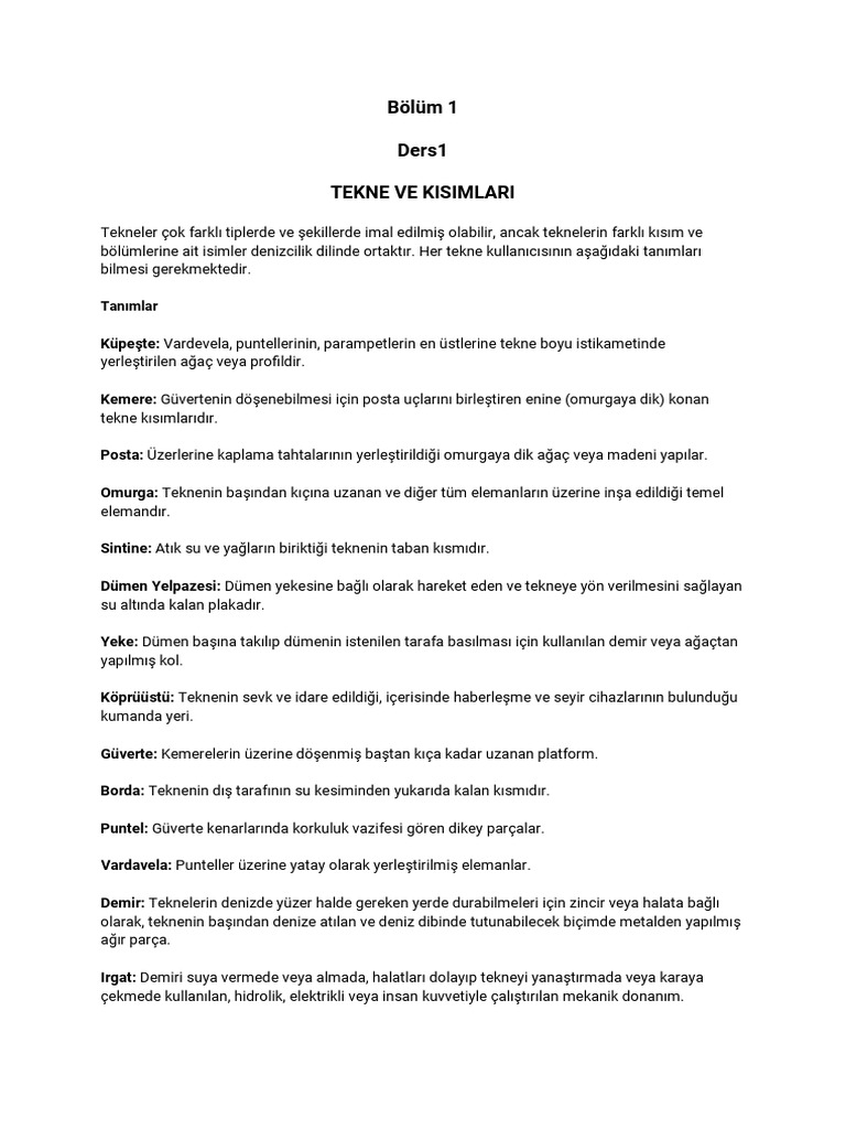 Bölüm 1 Ders1 Tekne Ve Kisimlari | PDF