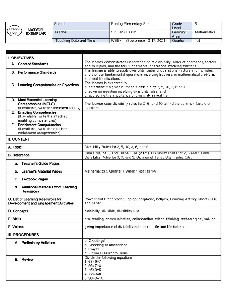 Grade 5 Math Lesson: Divisibility Rules | PDF | Learning | Numbers