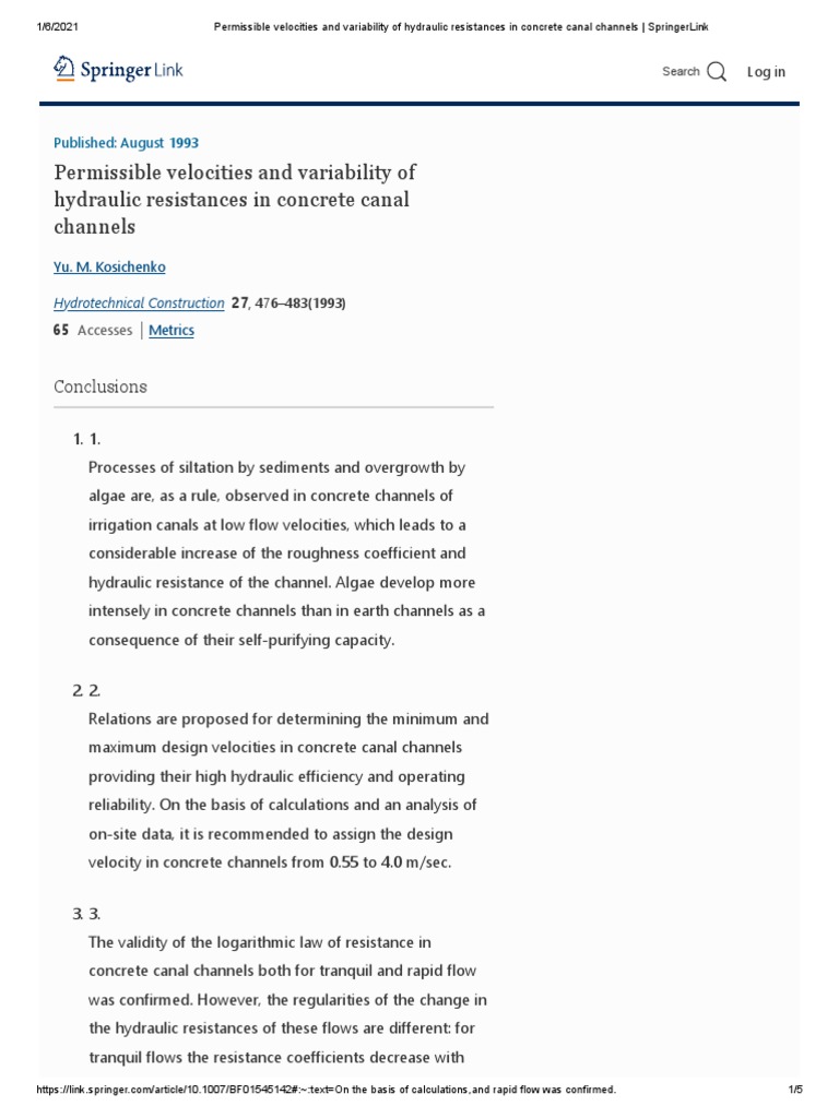 Permissible Velocities and Variability of Hydraulic Resistances in Concrete Canal Channels | PDF ...