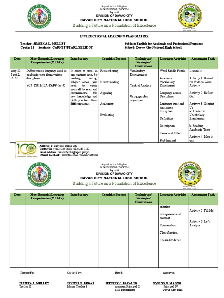 Instructional Learning Plan 1 EAPP | PDF | Learning | Vocabulary