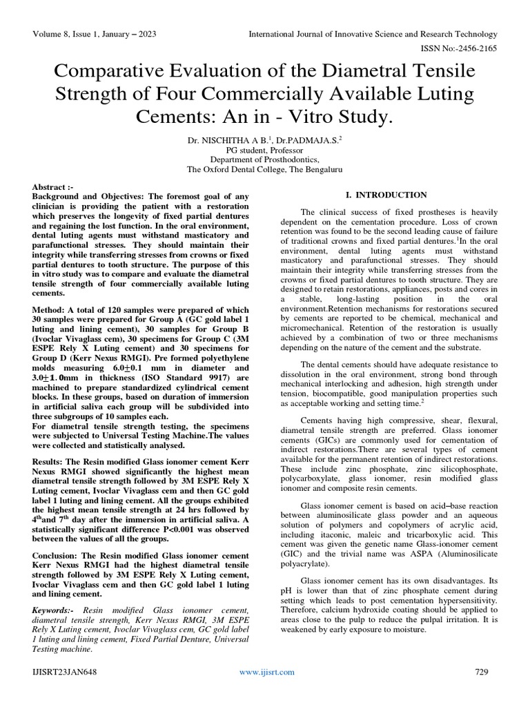 Comparative Evaluation of The Diametral Tensile Strength of Four Commercially Available Luting ...