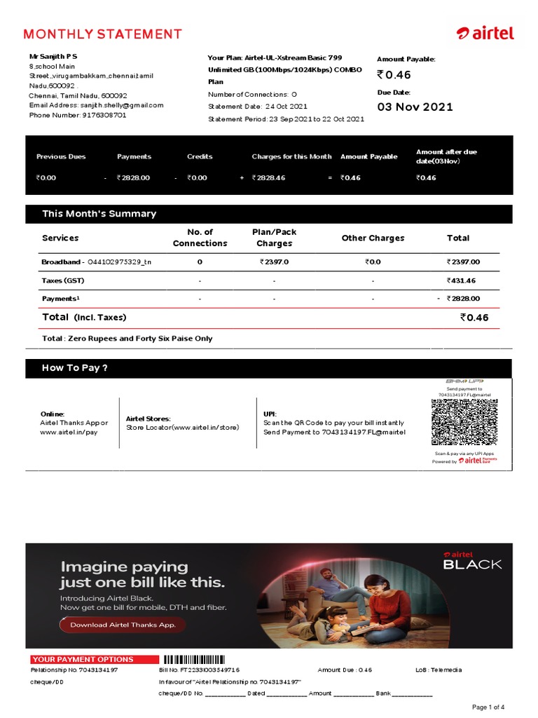 Airtel monthly statement charges | PDF | Credit Card | Cheque