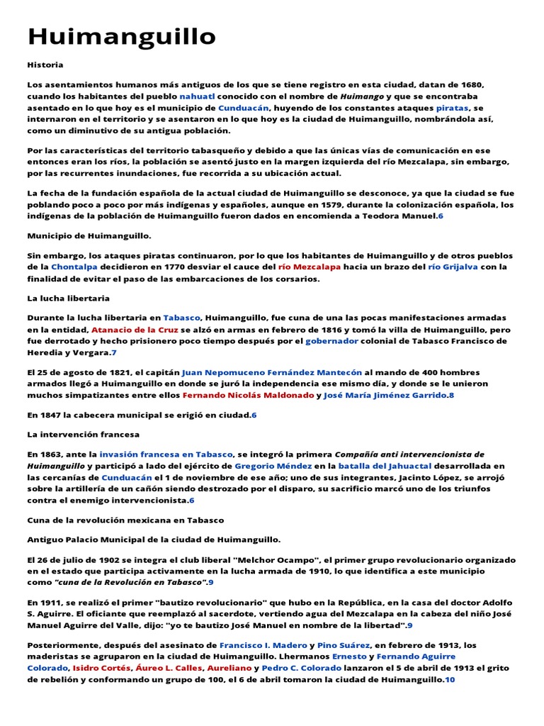 La historia y desarrollo de Huimanguillo, Tabasco | PDF