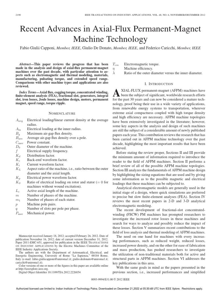 Recent Advances in Axial-Flux Permanent-Magnet Machine Technology | PDF ...