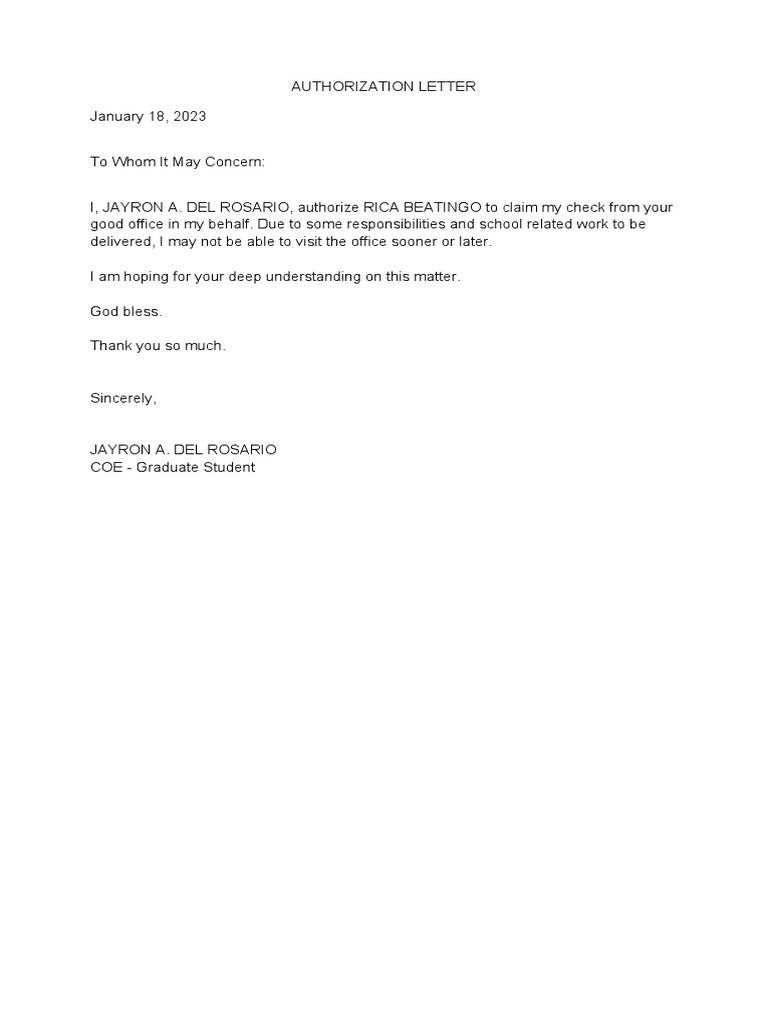 Authorization Letter - For Claim | PDF | Career & Growth