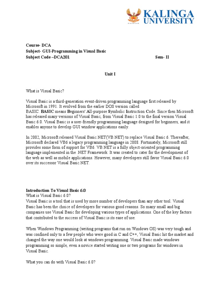 DCA201 Notes Unit 1 | PDF | Visual Basic .Net | Subroutine