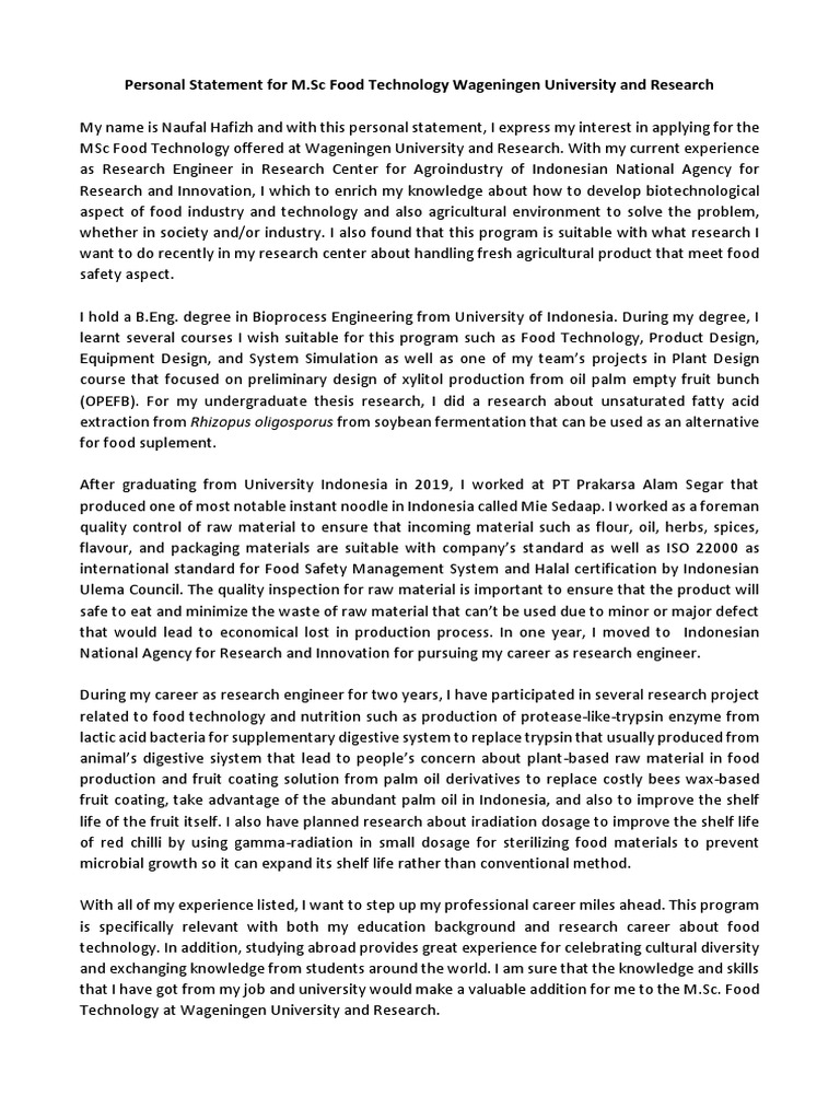 Naufal Hafizh - Personal Statement For MSC Food Tech Wageningen ...