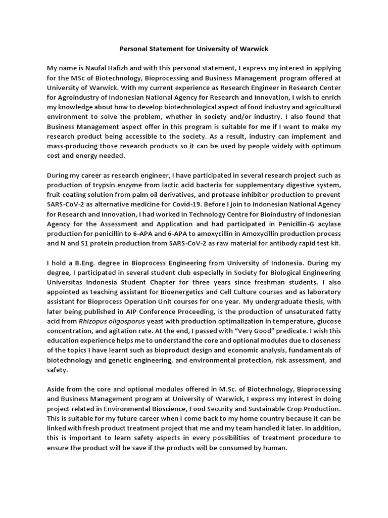 Naufal Hafizh - Personal Statement For University of Warwick | PDF ...