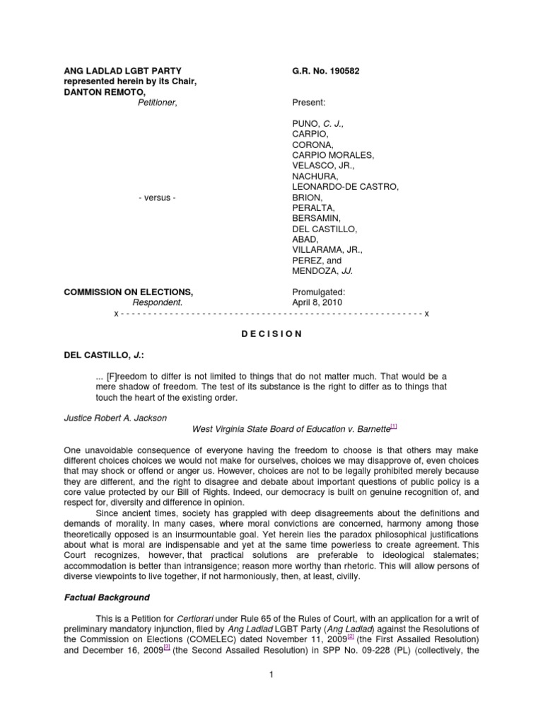 Ang Ladlad V Comelec | PDF | Equal Protection Clause | Homosexuality