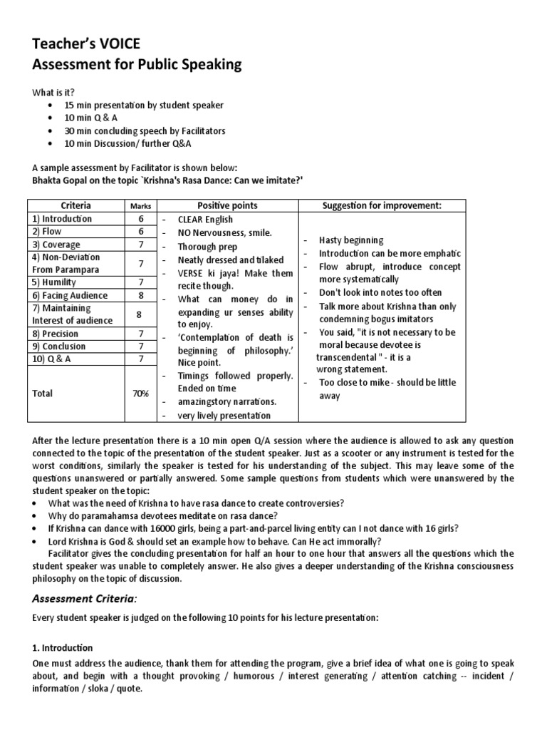 Public Speaking Assessment Criteria | PDF | Lecture | Humility