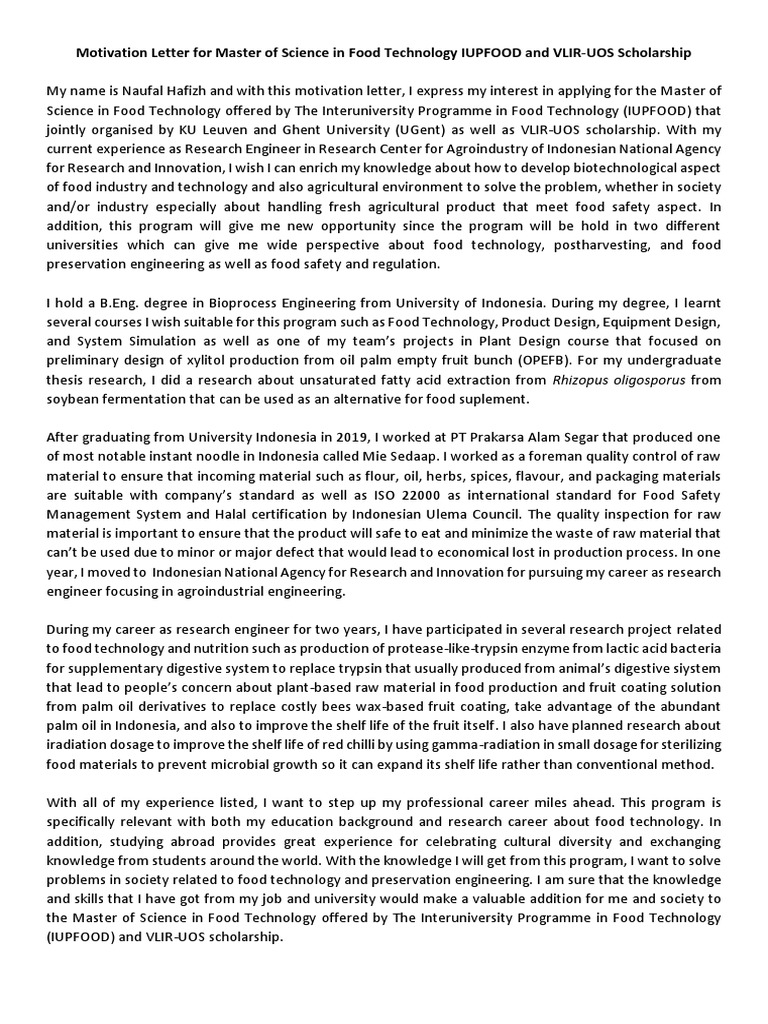 Naufal Hafizh - Motivation Letter For MSC Food Tech IUPFOOD and VLIR-UOS Scholarship | PDF ...
