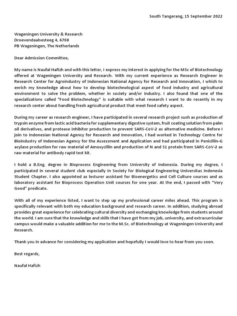 Motivation Letter For Wageningen University and Research | PDF ...