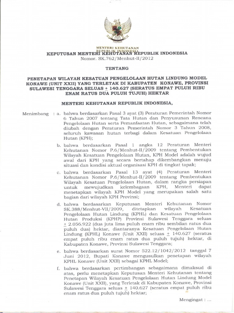 SK KPHL Konawe (Unit Xxii), Sulawesi Tenggara, 2012 | PDF