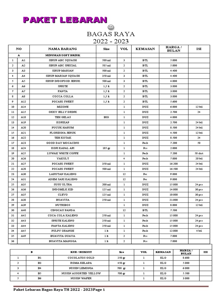 Paket Lebaran 2022 - 2023 (Bagas - Raya) 1 | PDF | Convenience Food | Indonesian Cuisine