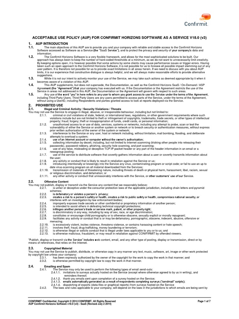 Acceptable Use Policy (Aup) For Confirmit Horizons Software As A Service V18.0 (V3) 1 | PDF ...
