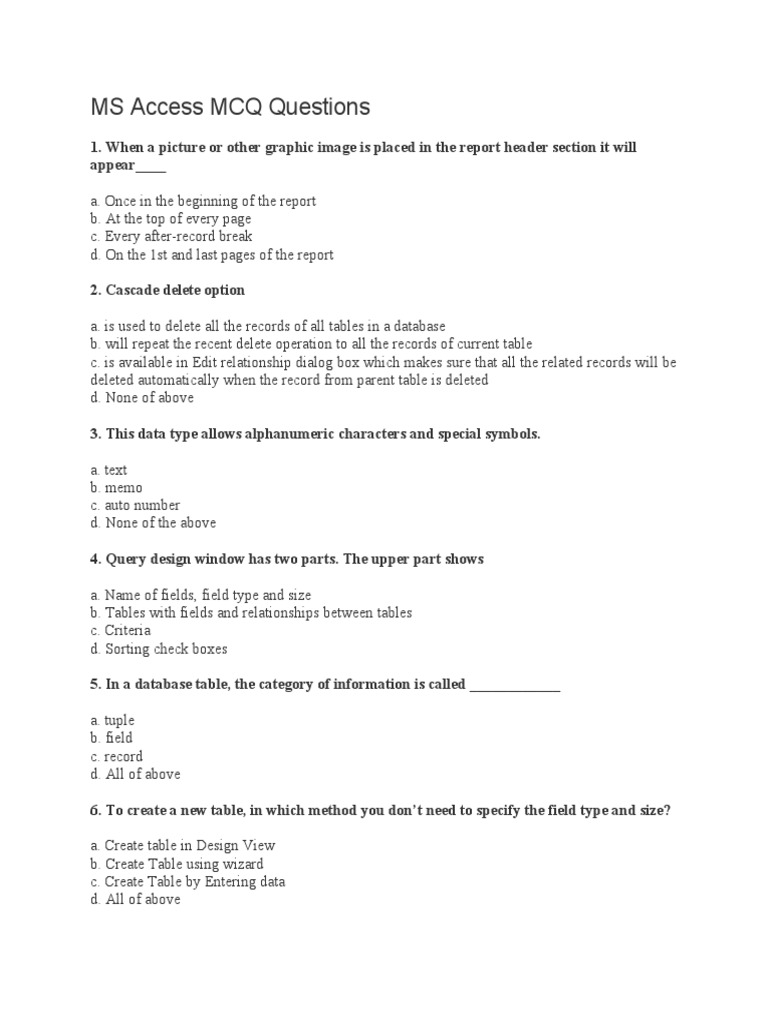 MS Access Questions | PDF | Teaching Methods & Materials | Computers