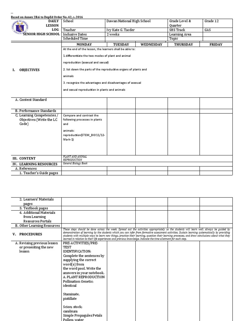 1 SHS DAILY LESSON LOG DLL TEMPLATE by | PDF | Learning | Flowers