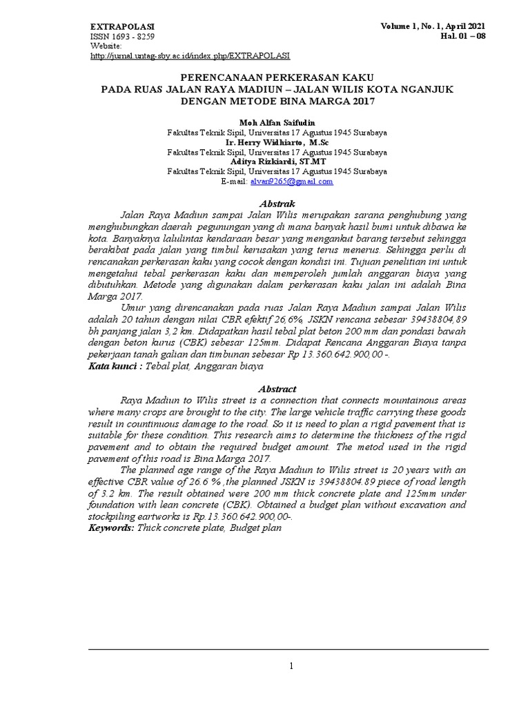 Perencanaan Perkerasan Kaku Pada Ruas Jalan Raya Madiun - Jalan Wilis Kota Nganjuk Dengan Metode ...